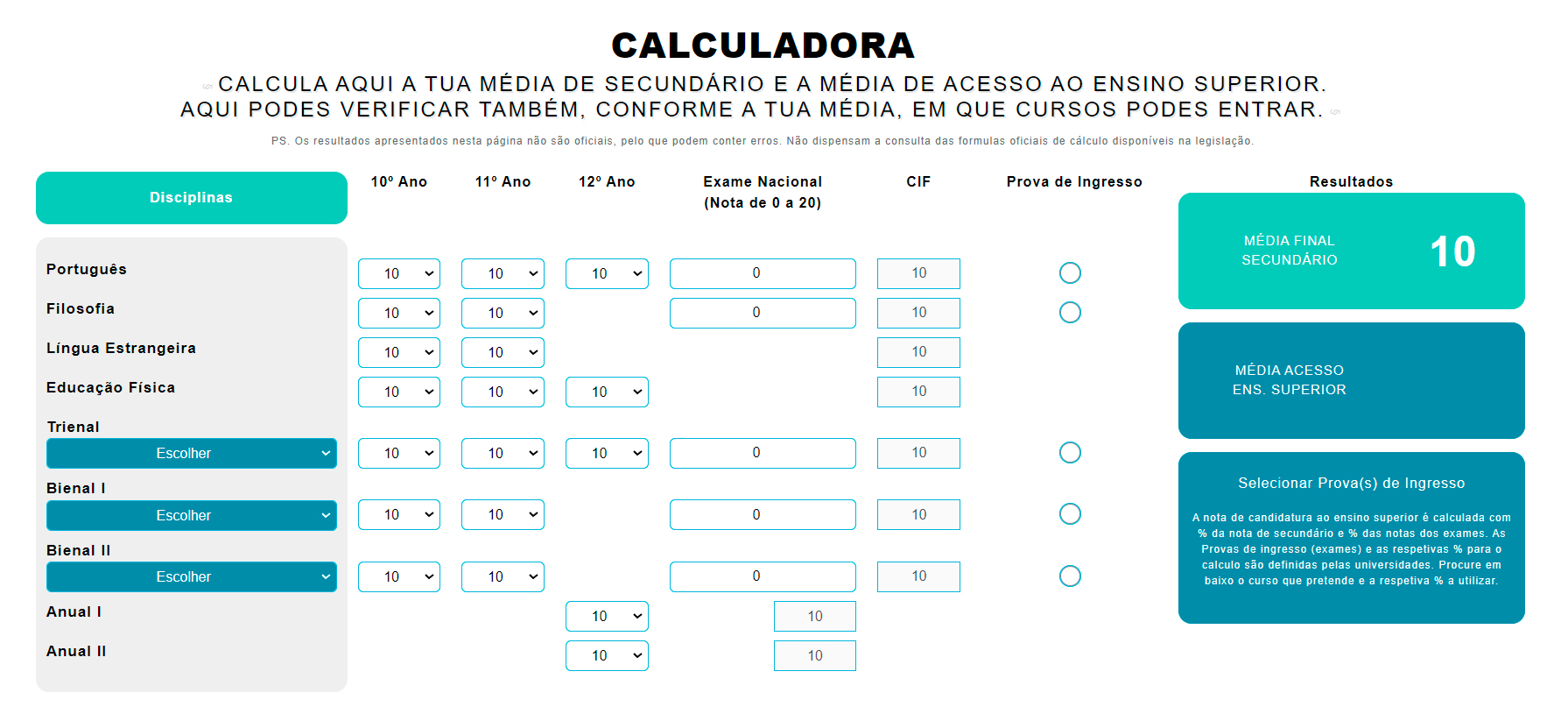 Cálculo da média do Secundário e da média de acesso ao Ensino Superior